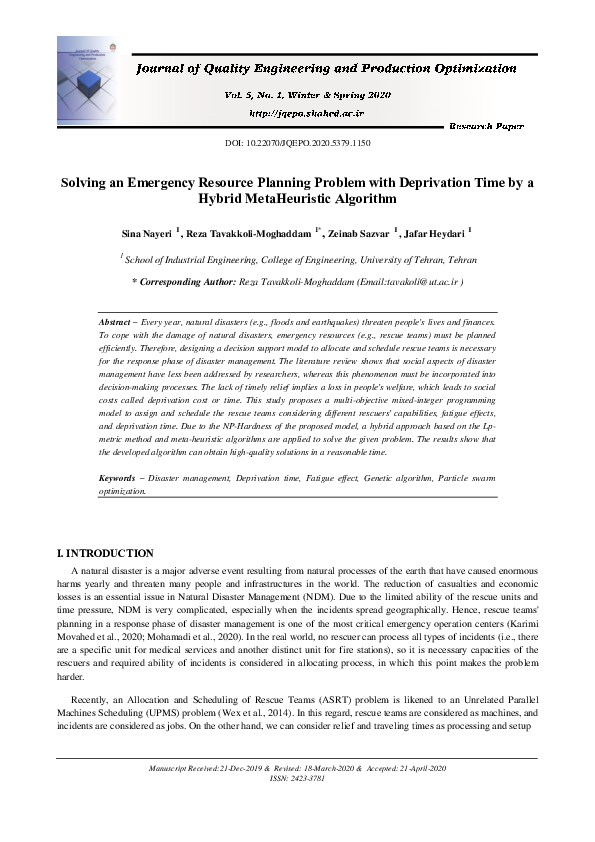 (PDF) Solving an Emergency Resource Planning Problem with Deprivation ...