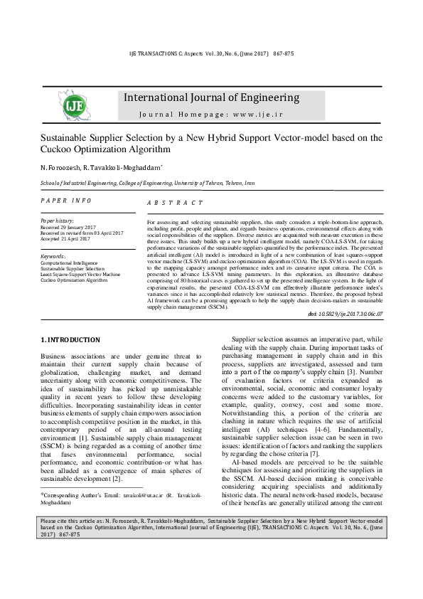 (PDF) Sustainable Supplier Selection by a New Hybrid Support Vector-model based on the Cuckoo ...