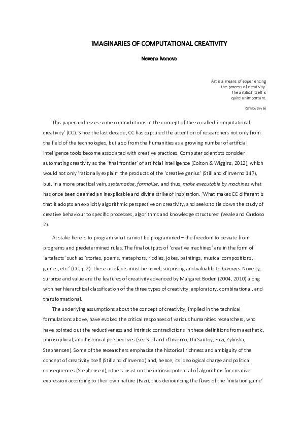 (PDF) IMAGINARIES OF COMPUTATIONAL CREATIVITY