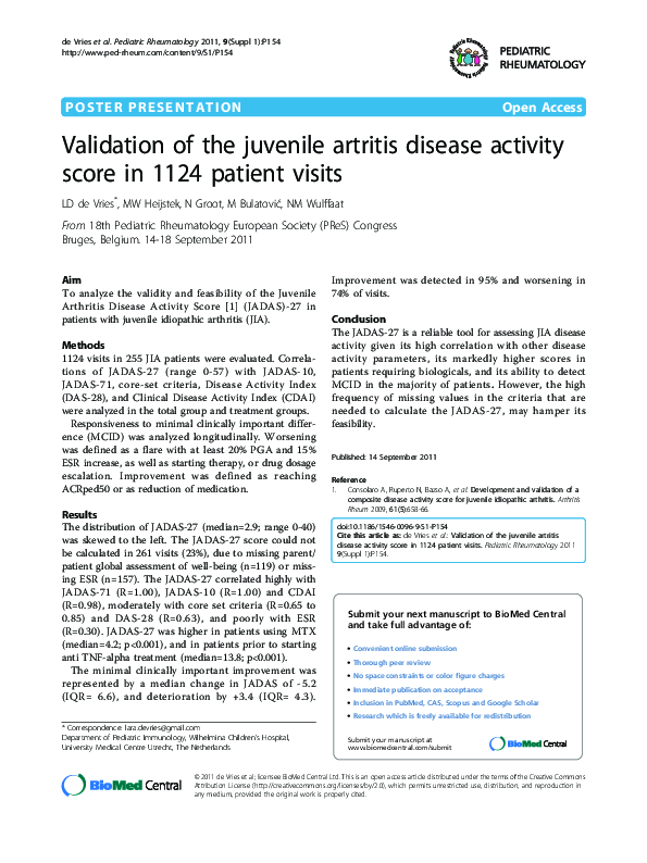 (PDF) Validation of the juvenile artritis disease activity score in ...