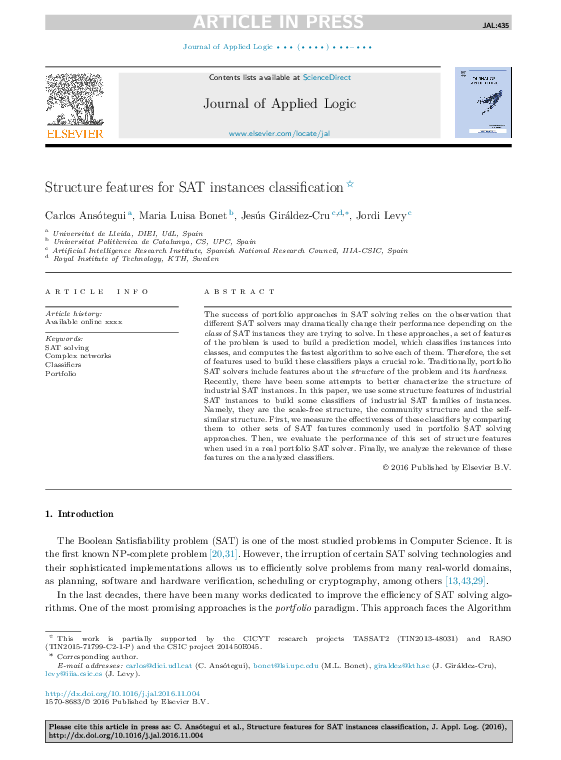(PDF) Structure features for SAT instances classification