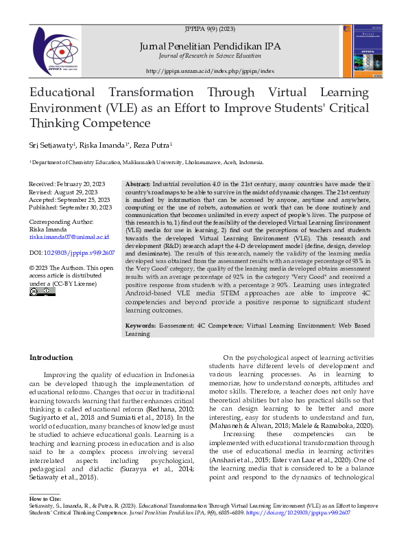 (PDF) Educational Transformation Through Virtual Learning Environment (VLE) as an Effort to ...