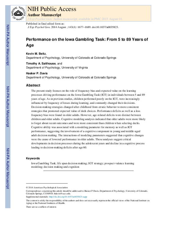 (PDF) Performance on the Iowa Gambling Task: From 5 to 89 years of age