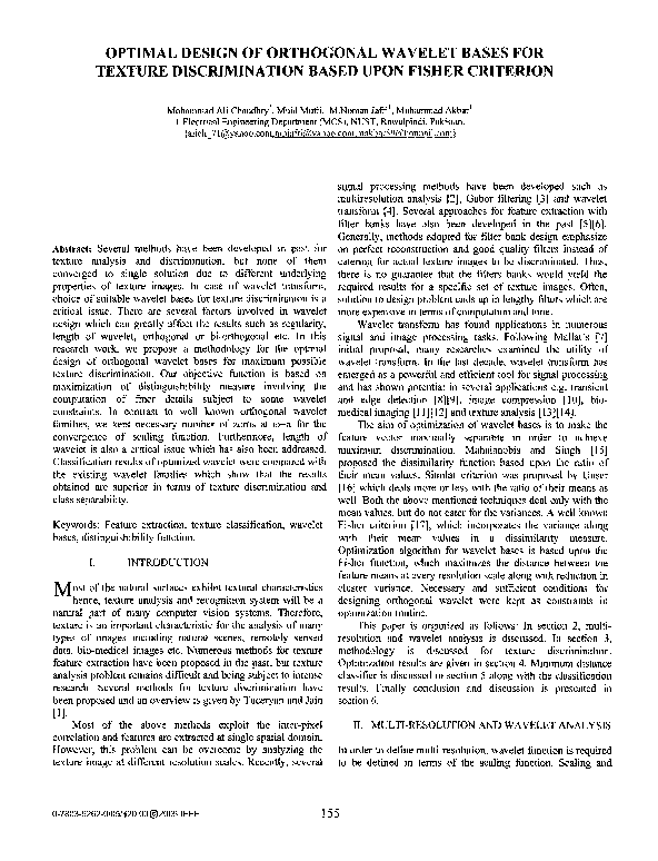 (PDF) Optimal Design of Orthogonal Wavelet Bases for Texture Discrimination Based Upon Fisher ...