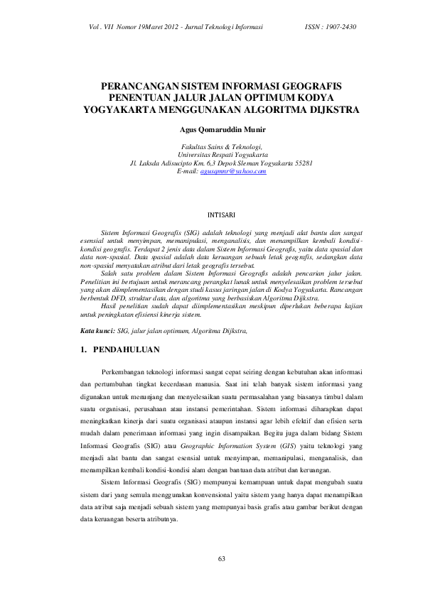 Pdf Perancangan Sistem Informasi Geografis Penentuan Jalur Jalan Optimum Kodya Yogyakarta
