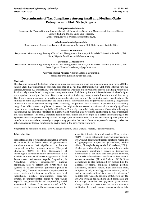 (PDF) Determinants of Tax Compliance Among Small and Medium-Scale Enterprises in Ekiti State ...