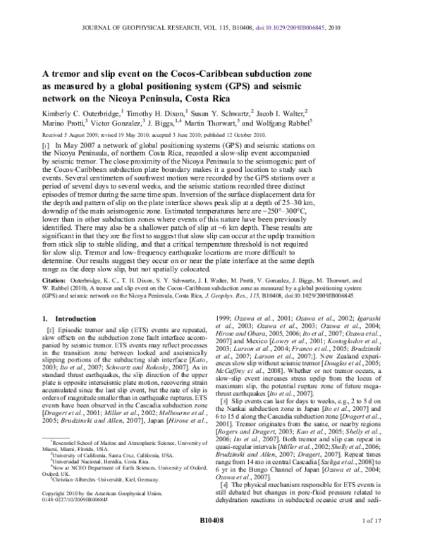 (PDF) A tremor and slip event on the Cocos‐Caribbean subduction zone as ...