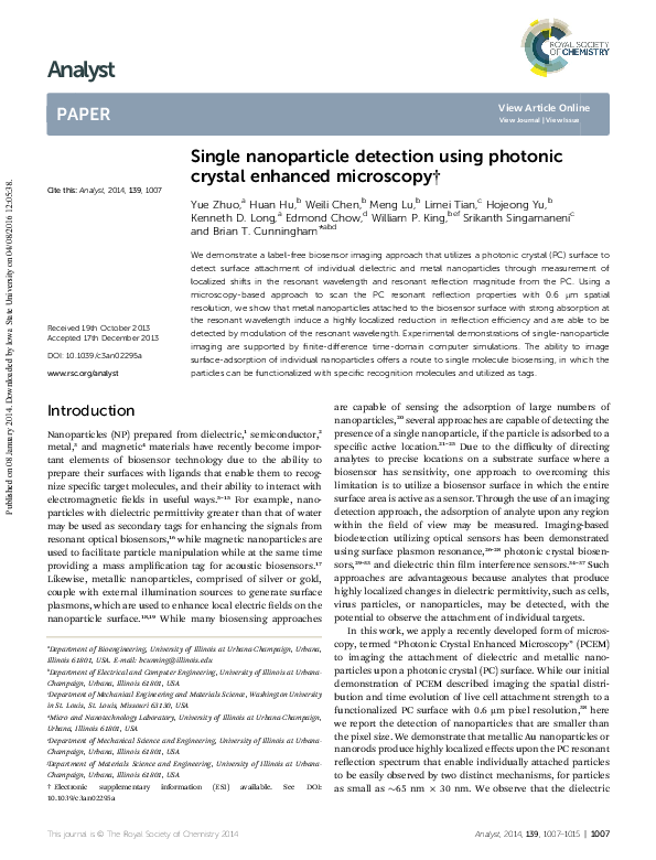 (PDF) Single nanoparticle detection using photonic crystal enhanced microscopy | Limei Tian ...