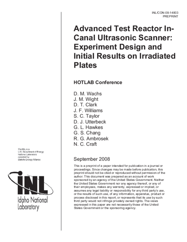 (PDF) Advanced Test Reactor In-Canal Ultrasonic Scanner: Experiment ...