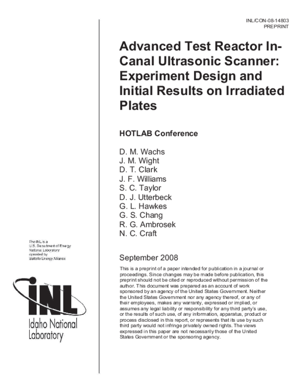 Advanced Test Reactor In-Canal Ultrasonic Scanner: Experiment Design ...