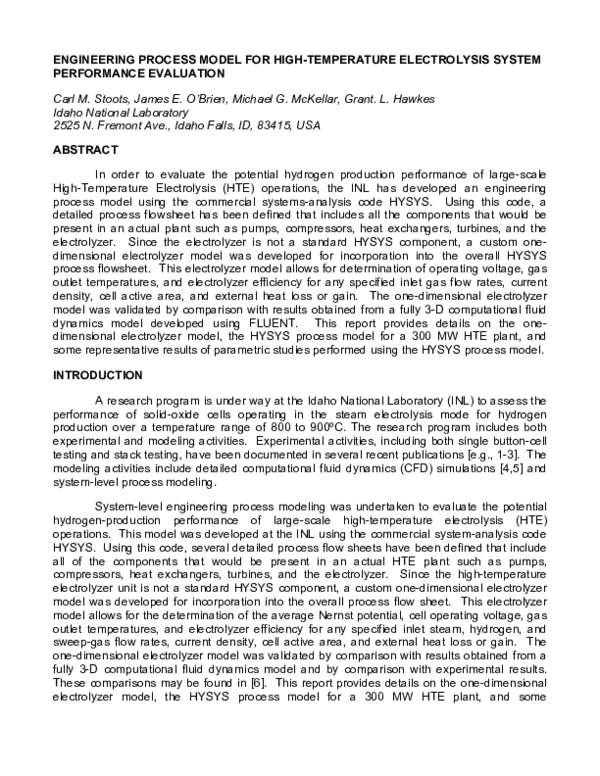 (PDF) Engineering Process Model For High- Temperature Electrolysis System Performance Evaluation