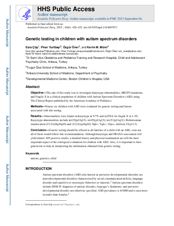 (PDF) Genetic testing in children with autism spectrum disorders