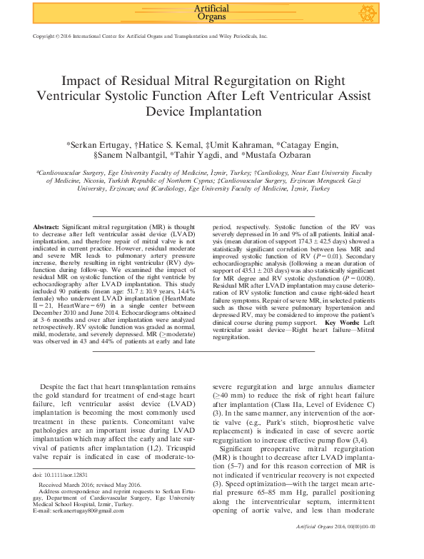 (PDF) Impact of Residual Mitral Regurgitation on Right Ventricular Systolic Function After Left ...