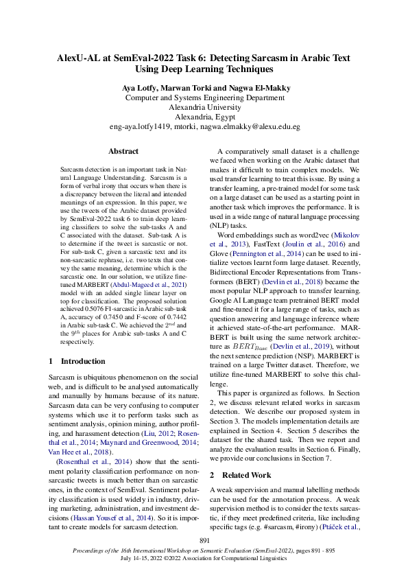 (PDF) AlexU-AL at SemEval-2022 Task 6: Detecting Sarcasm in Arabic Text Using Deep Learning ...