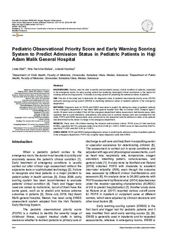 (PDF) Pediatric Observational Priority Score and Early Warning Scoring ...