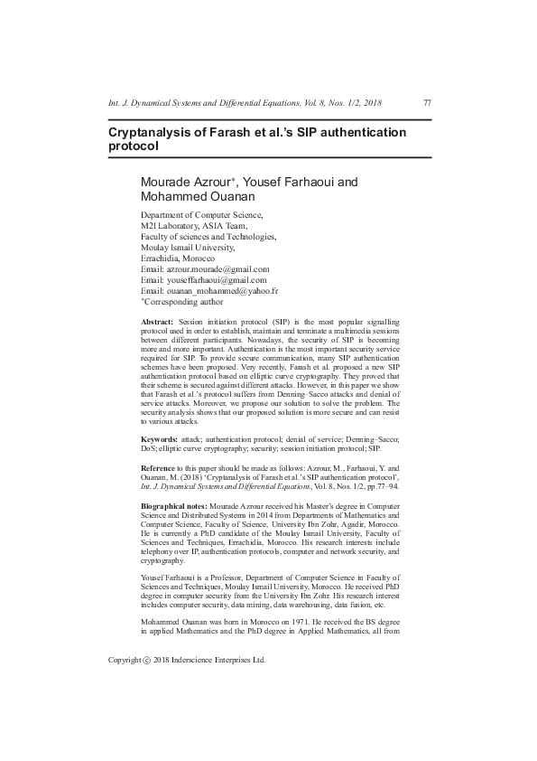 (PDF) Cryptanalysis of Farash et al.'s SIP authentication protocol