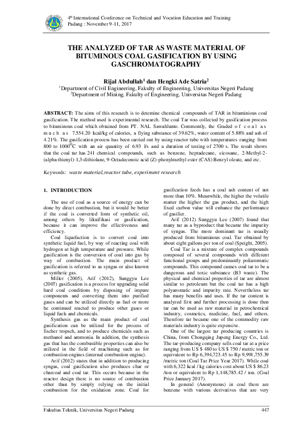 (PDF) The Analyzed of Tar as Waste Material of Bituminous Coal ...