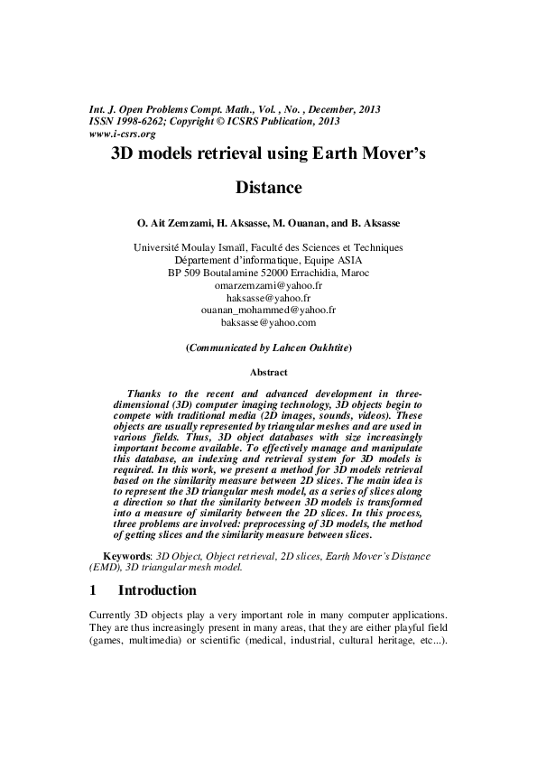 (PDF) 3D Models Retrieval Using Earth Mover’s Distance