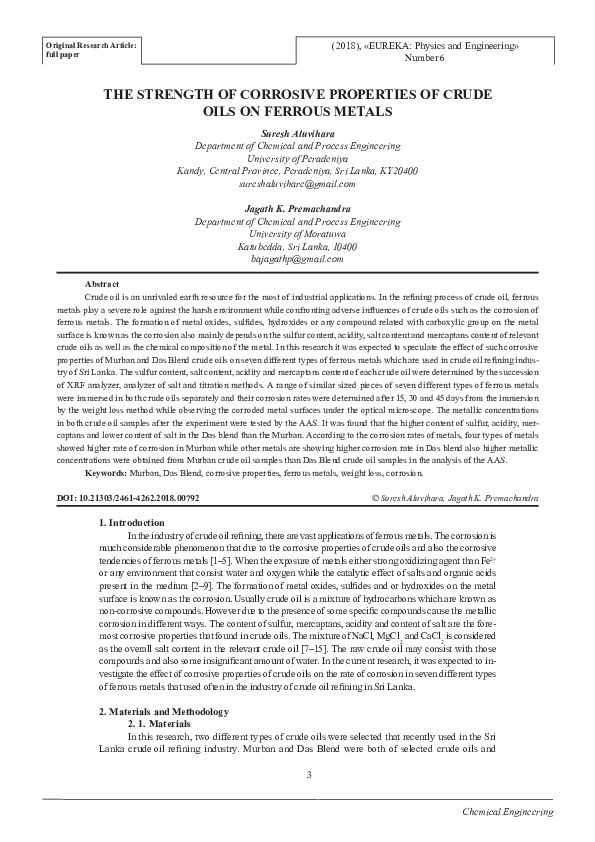 (PDF) The Strength of Corrosive Properties of Crude Oils on Ferrous Metals