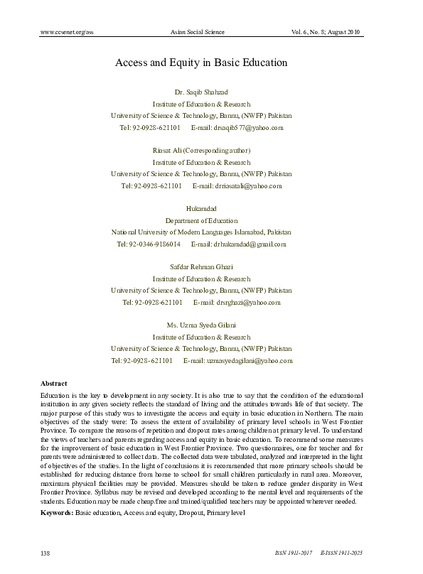 (PDF) Access and Equity in Basic Education