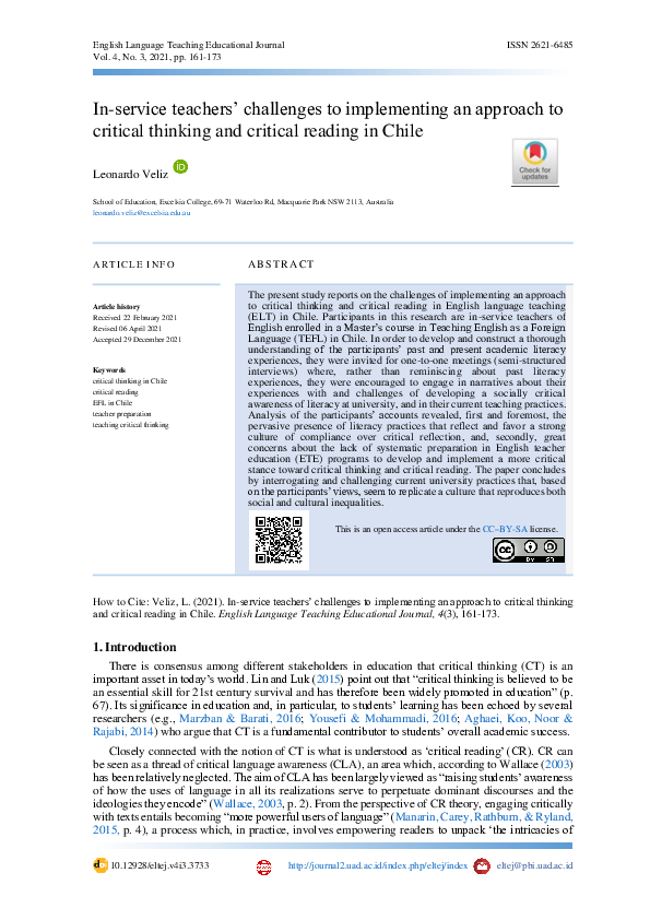 (PDF) In-service teachers’ challenges to implementing an approach to critical thinking and ...