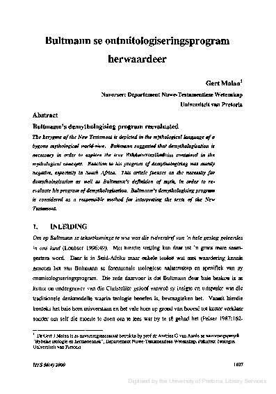(PDF) Bultmann se ontmitologiseringsprogram herwaardeer
