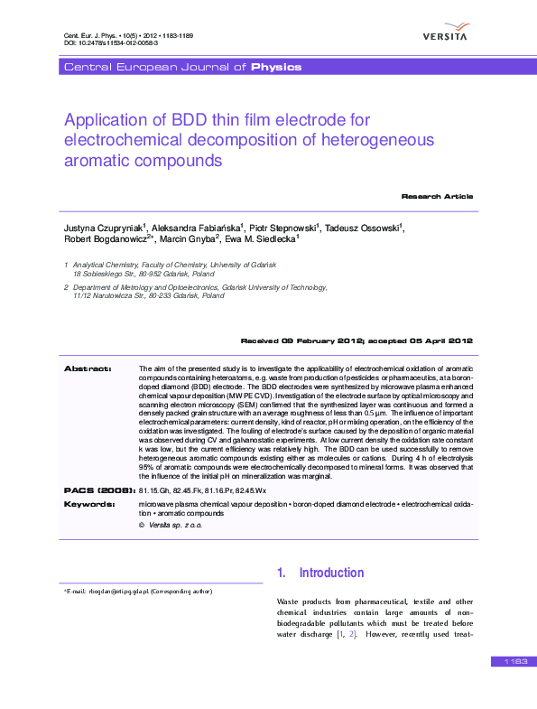 (PDF) Application of BDD thin film electrode for electrochemical ...