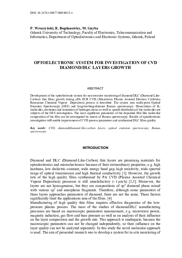 (PDF) Optoelectronic system for investigation of CVD diamond/DLC layers growth