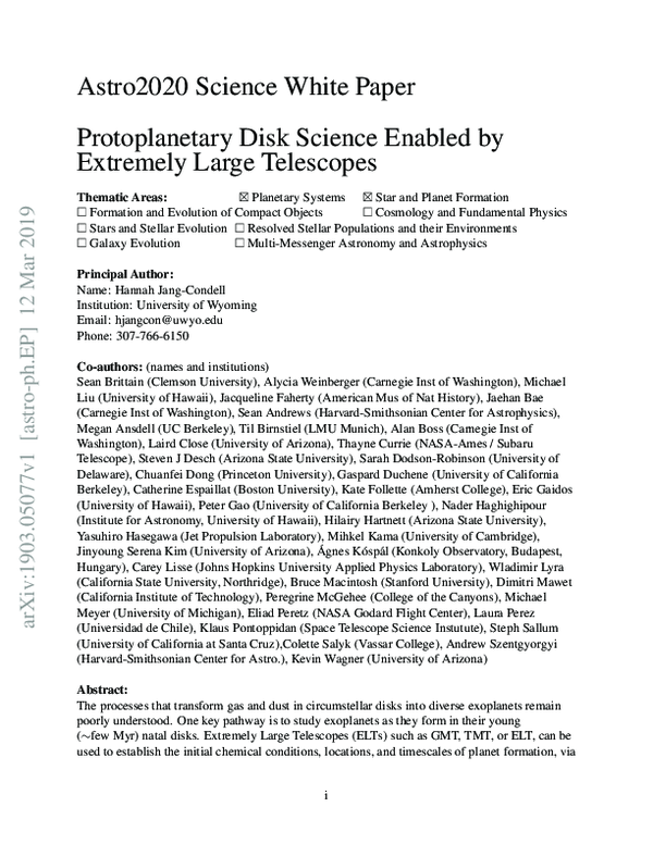 (PDF) Protoplanetary Disk Science Enabled by Extremely Large Telescopes