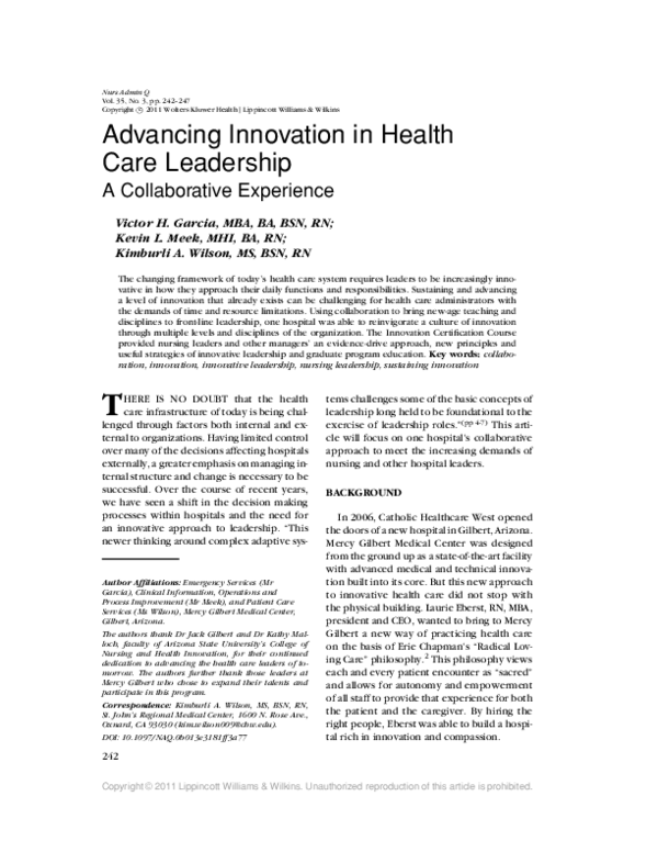 (PDF) Advancing Innovation in Health Care Leadership