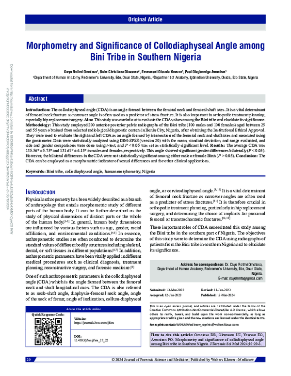 (PDF) Morphometry and Significance of Collodiaphyseal Angle among Bini ...