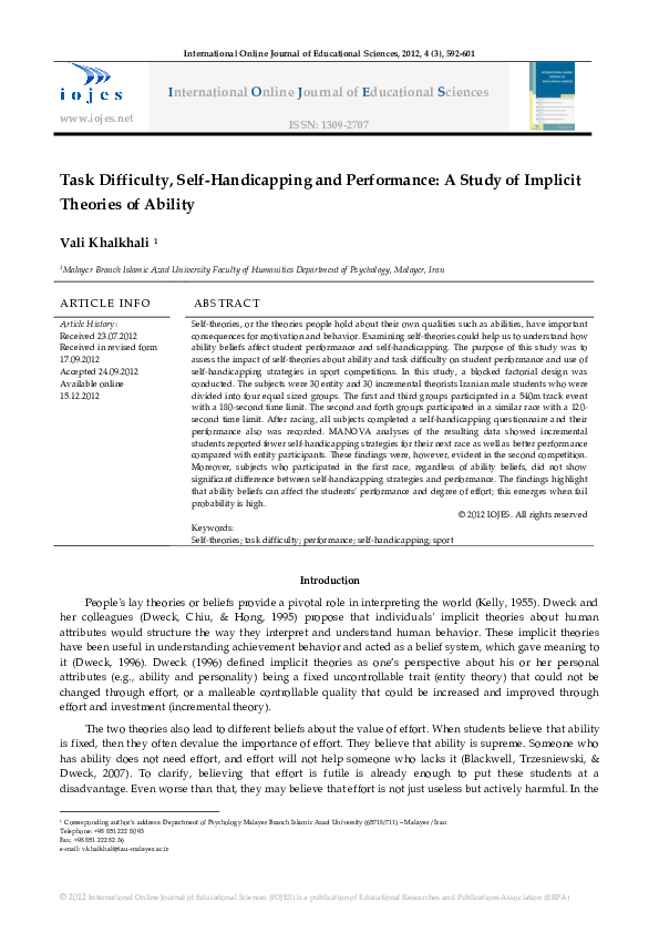 (PDF) Task Difficulty, Self-Handicapping and Performance: A Study of ...