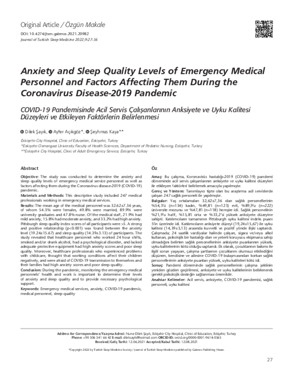 (PDF) Anxiety and Sleep Quality Levels of Emergency Medical Personnel ...