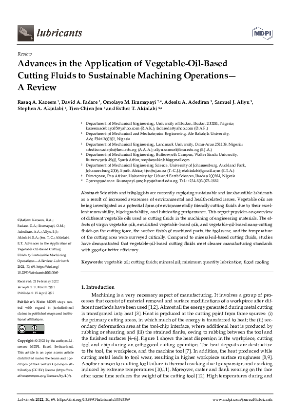 (PDF) Advances in the Application of Vegetable-Oil-Based Cutting Fluids ...
