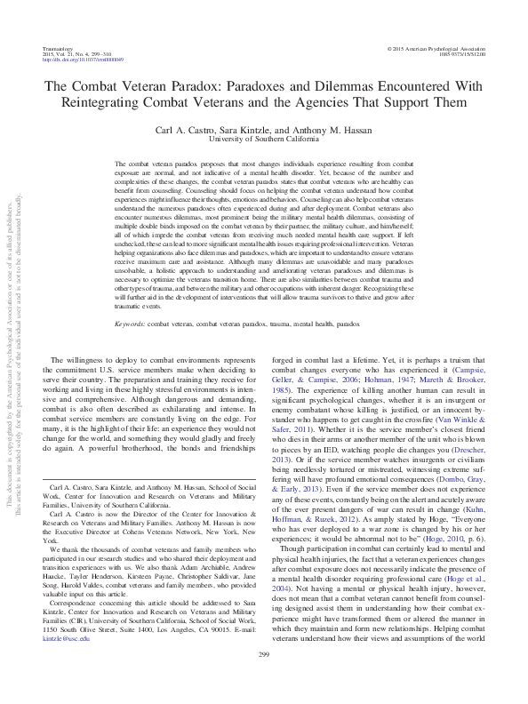 (PDF) The combat veteran paradox: Paradoxes and dilemmas encountered with reintegrating combat ...
