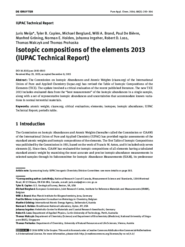 (PDF) Isotopic compositions of the elements 2013 (IUPAC Technical Report)