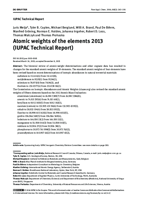(PDF) Atomic weights of the elements 2013 (IUPAC Technical Report)