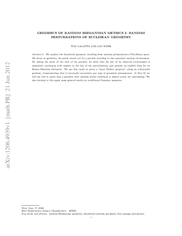 Pdf Geodesics Of Random Riemannian Metrics I Random Perturbations Of Euclidean Geometry