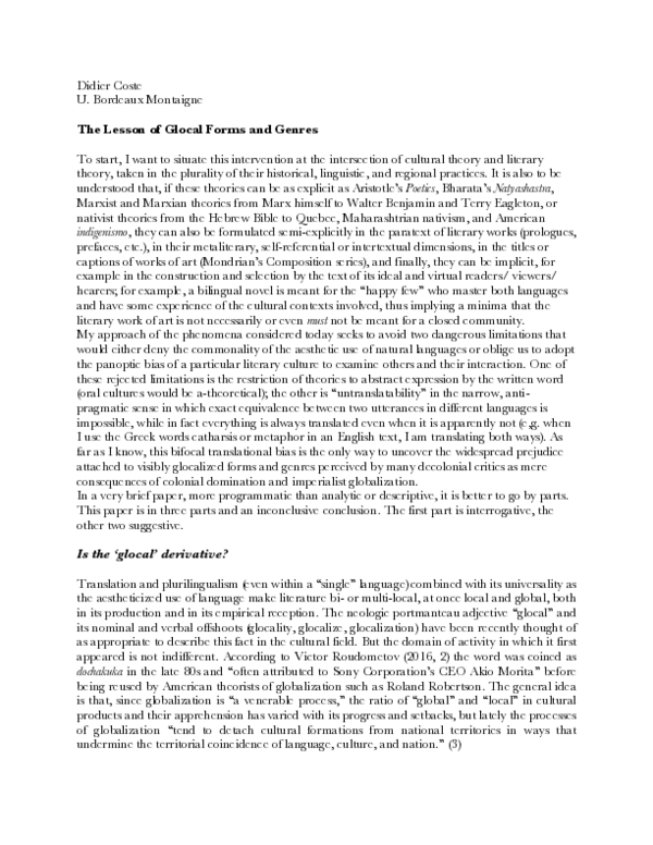 (PDF) The Lesson of Glocal Forms and Genres (short draft, ACLA paper 2024)