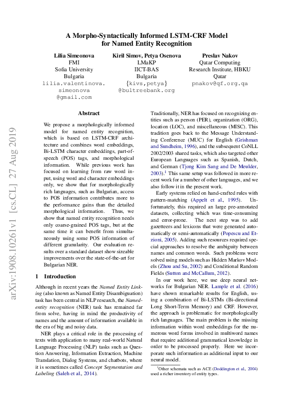 (PDF) A Morpho-Syntactically Informed LSTM-CRF Model for Named Entity Recognition