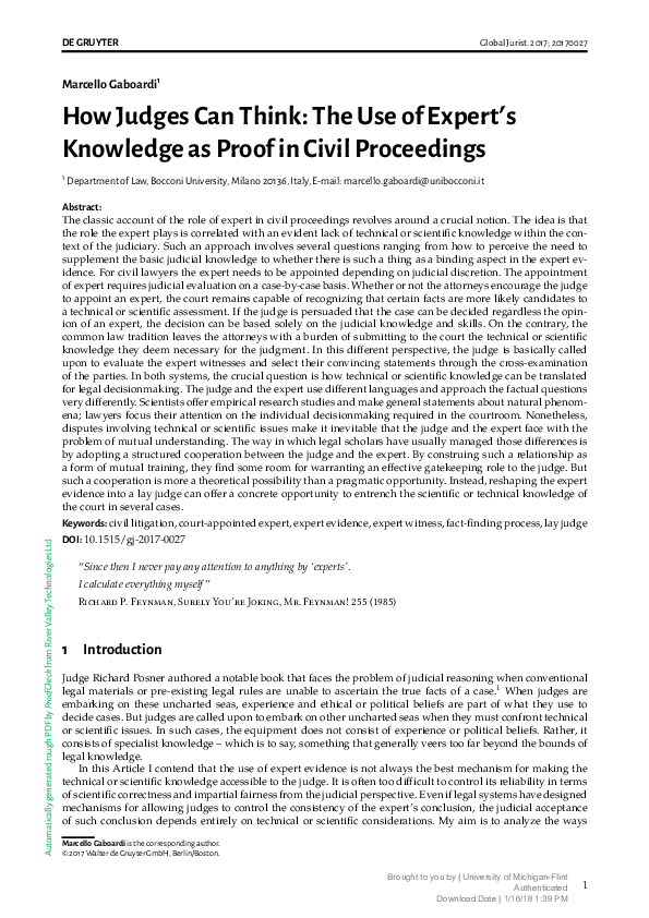 (PDF) How Judges Can Think: The Use of Expert’s Knowledge as Proof in ...