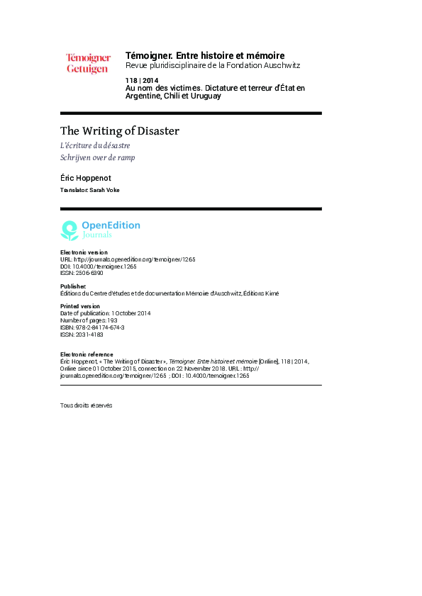 (PDF) The Writing of Disaster