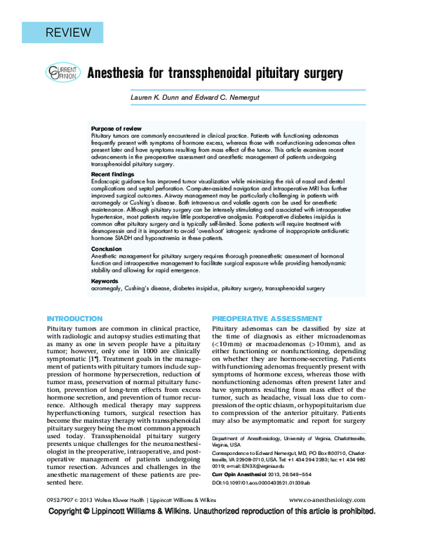 (PDF) Anesthesia for transsphenoidal pituitary surgery
