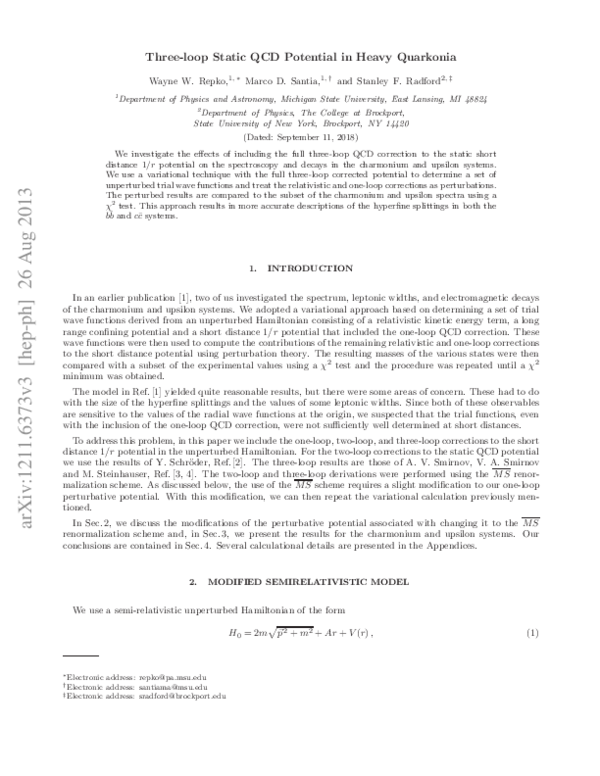 (PDF) Three-loop Static QCD Potential in Heavy Quarkonia