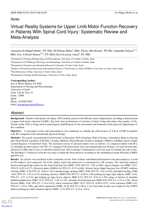 (PDF) Virtual Reality Systems for Upper Limb Motor Function Recovery in Patients With Spinal ...