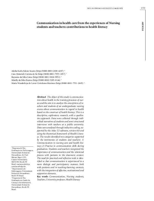 (PDF) Communication in health care from the experiences of Nursing ...