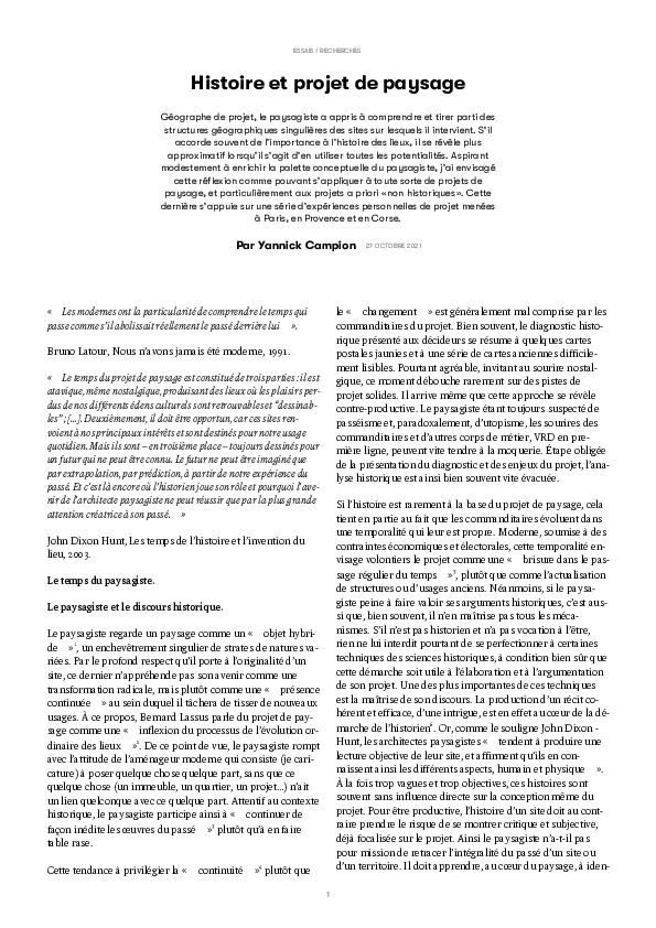 (PDF) Histoire et Projet de paysage