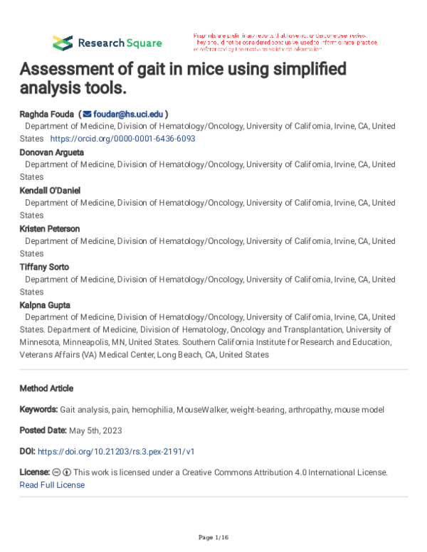 (PDF) Assessment of gait in mice using simplified analysis tools