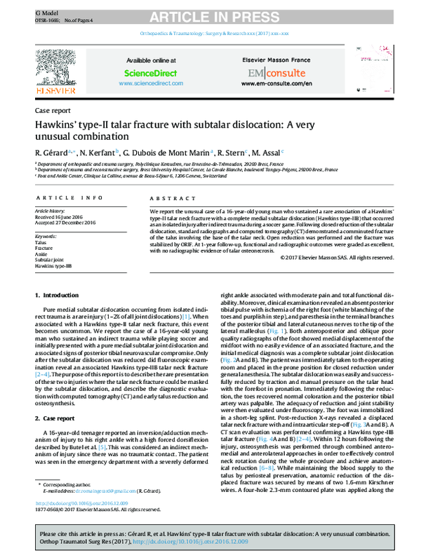 (PDF) Hawkins’ type-II talar fracture with subtalar dislocation: A very ...