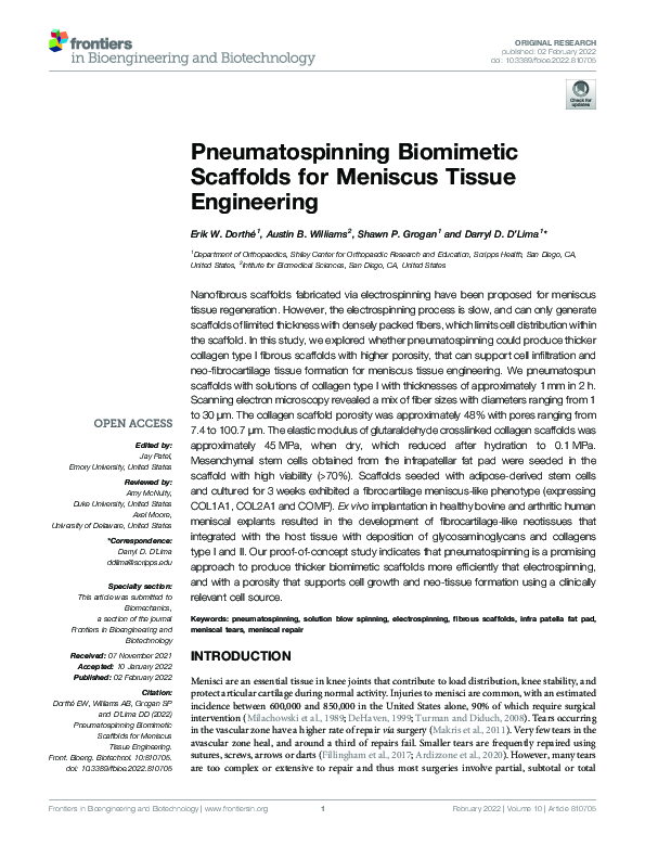(PDF) Pneumatospinning Biomimetic Scaffolds for Meniscus Tissue Engineering